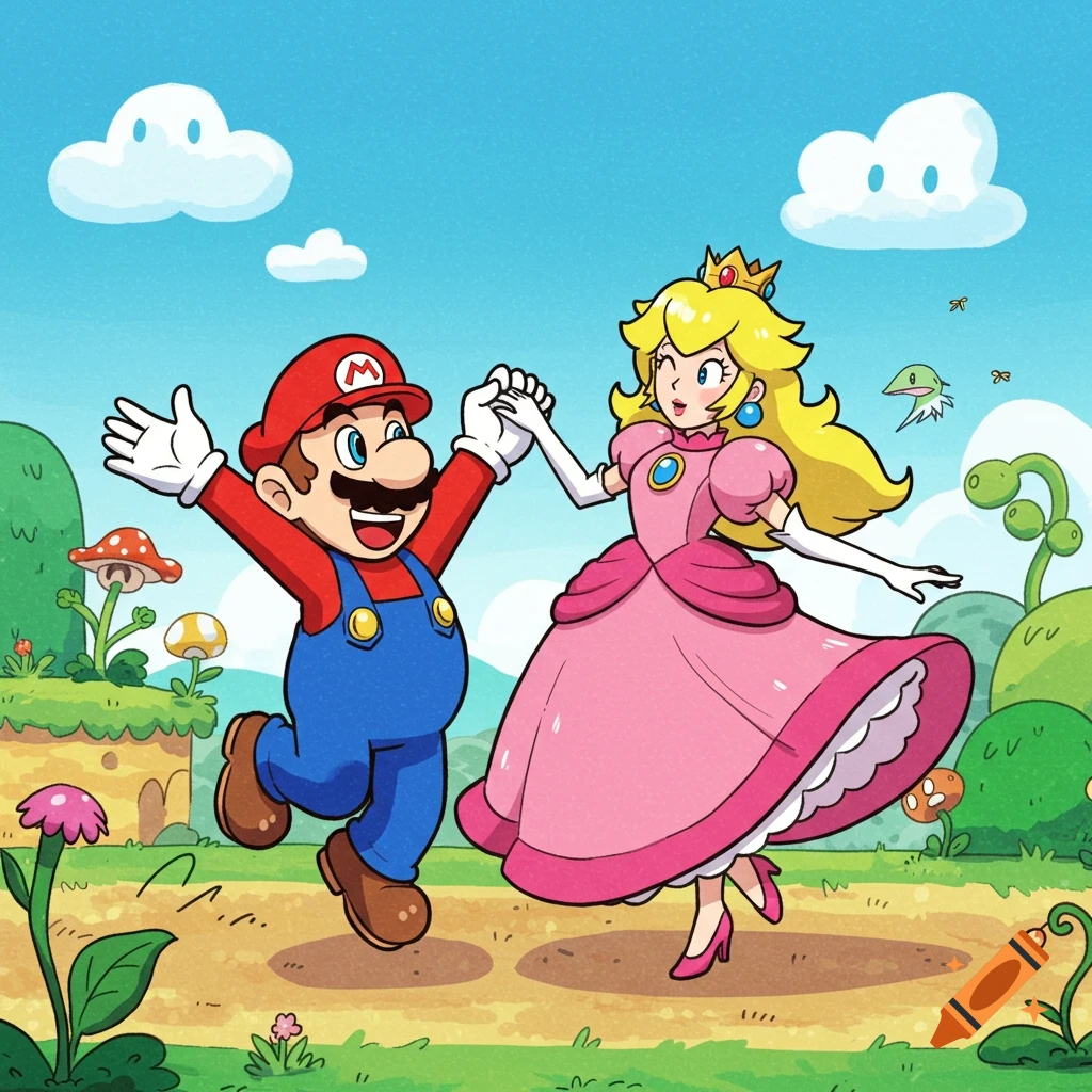Super Mario and Princess Peach dancing in a vibrant cartoon landscape ...