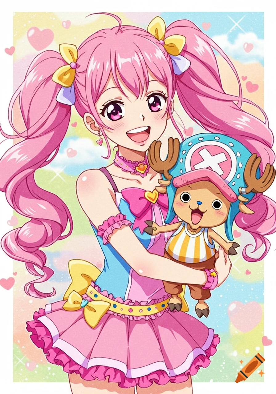 An anime girl with pink pigtails holds a plushie of Tony Tony Chopper ...