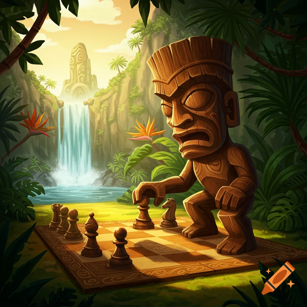 A large, wooden tiki statue is playing chess on a chessboard in a ...