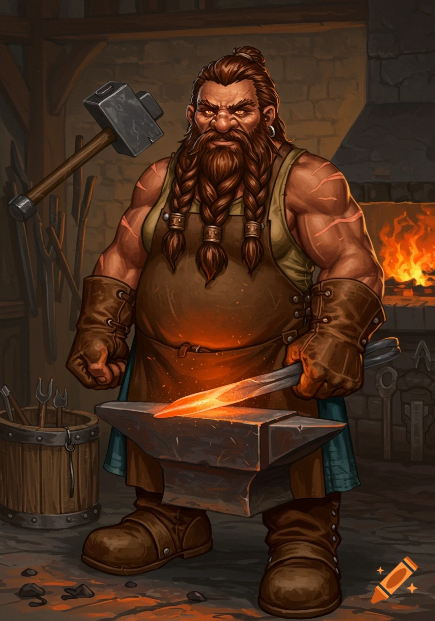 A powerful dwarf blacksmith with a braided beard and muscular arms ...