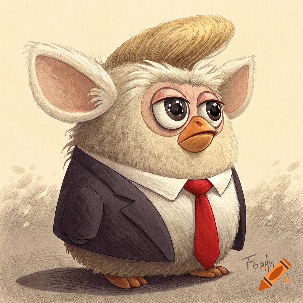 A cartoon Furby dressed in a suit with a red tie and blonde hair styled ...