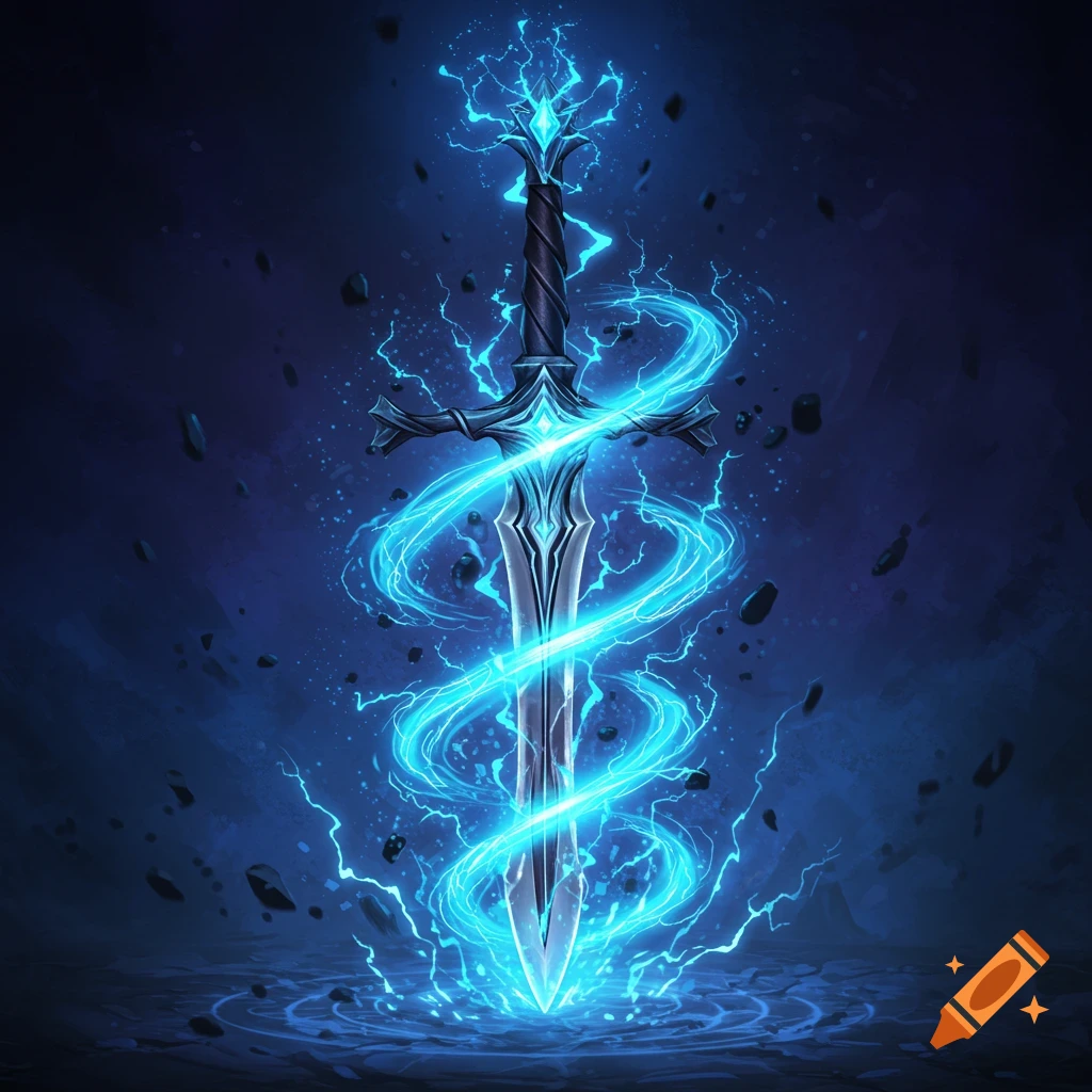 A stylized fantasy sword, glowing with blue magical energy and ...