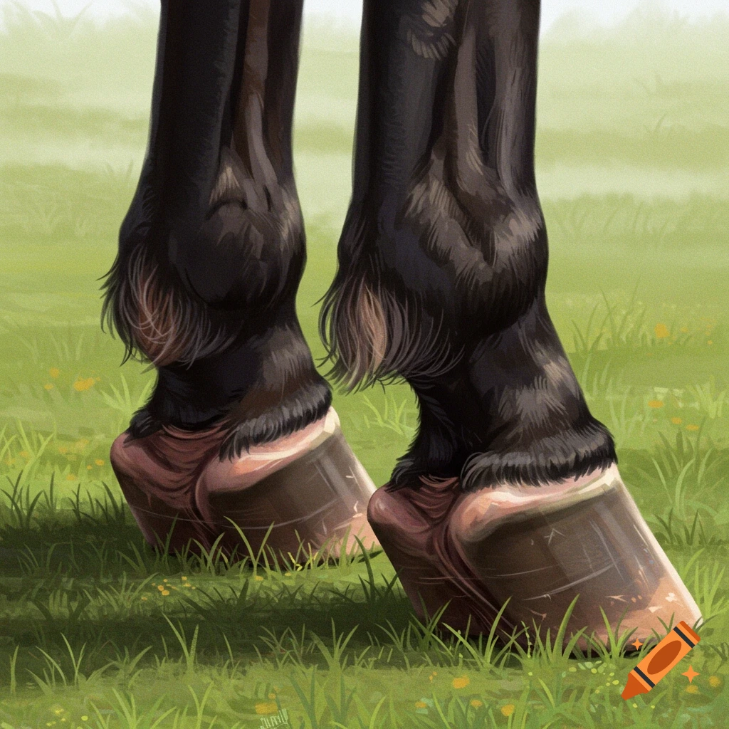 Close-up of a horse's dark legs and hooves standing in green grass with ...