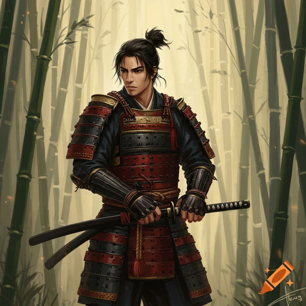 A samurai warrior in full armor stands in a bamboo forest. on Craiyon