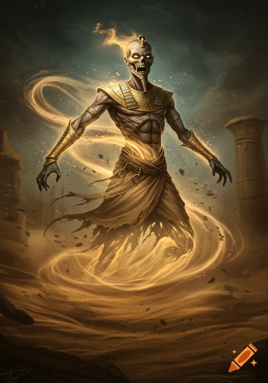 A skeletal mummy-like wraith with glowing eyes stands in a swirling ...