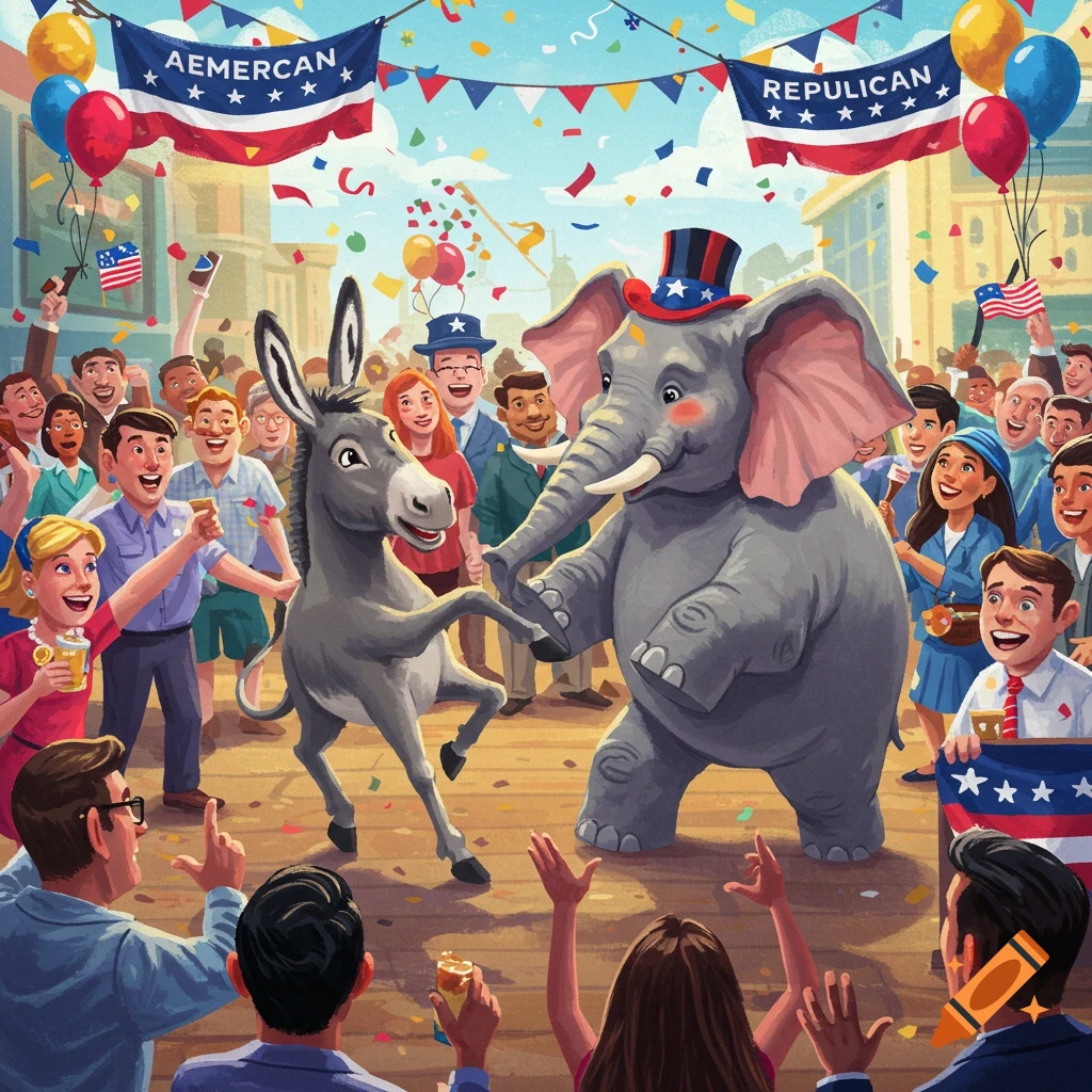 Cartoon donkey and elephant dance in a street filled with cheering ...