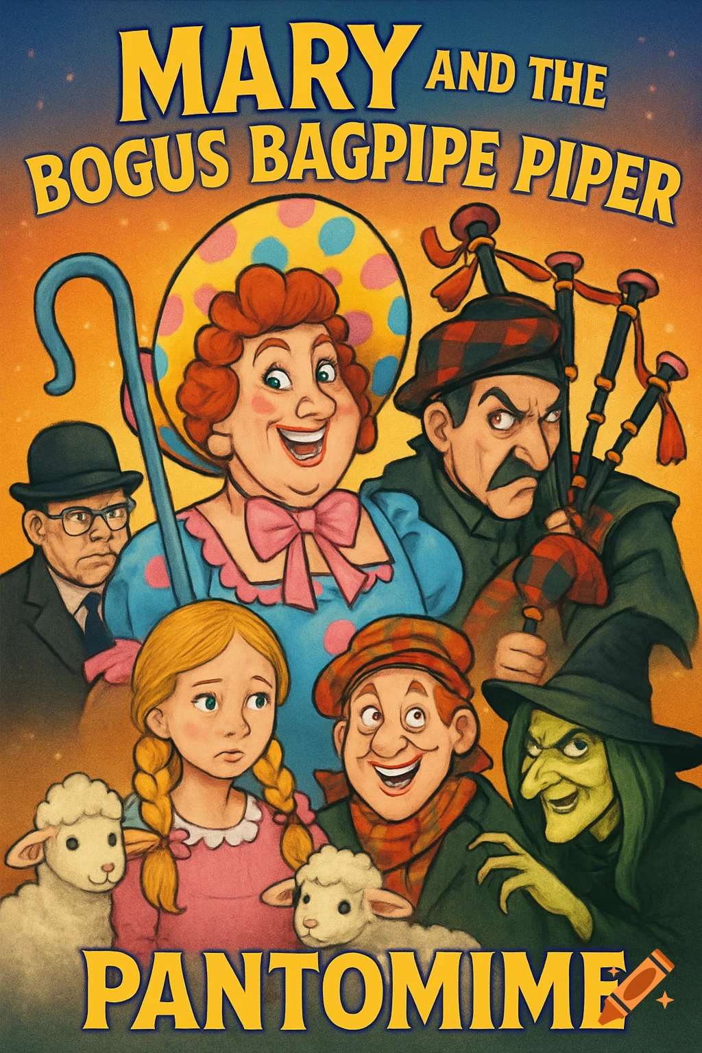 Vibrant cartoon poster for "Mary and the Bogus Bagpipe Piper" featuring ...