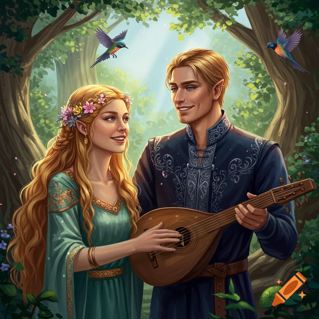 Two smiling elves, a man playing a lute and a woman touching it, in an ...