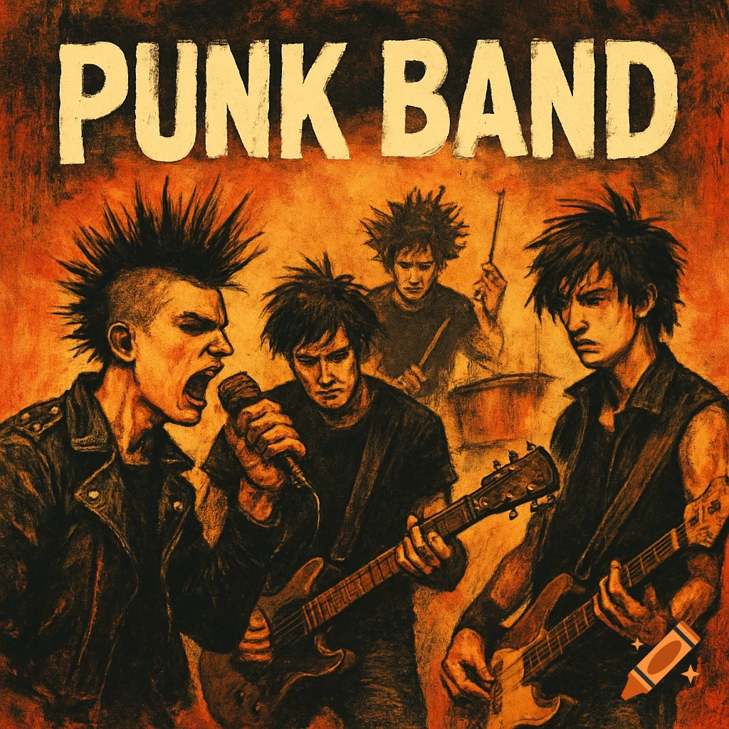 A stylized, distressed artwork depicting a punk band performing, with ...