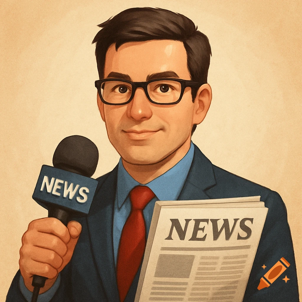 A stylized illustration of a man with glasses, holding a microphone ...