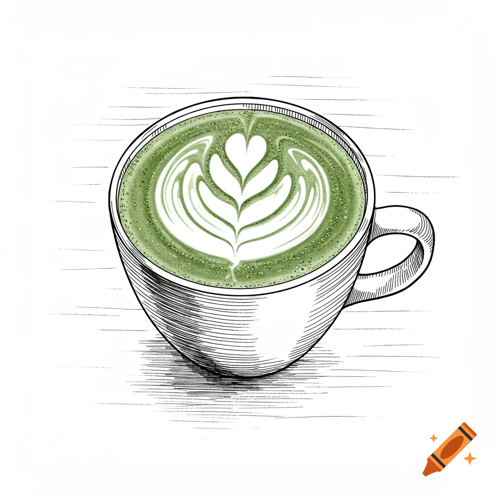 A black and white illustration of a matcha latte with green foam and white latte art in a heart ...