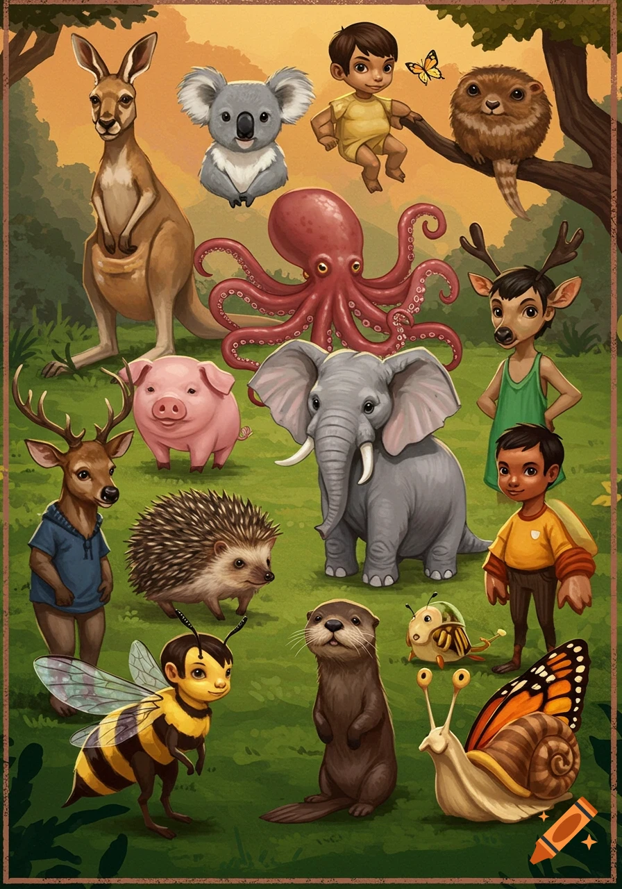 Cartoon illustration of various animals and human-animal hybrids like a ...