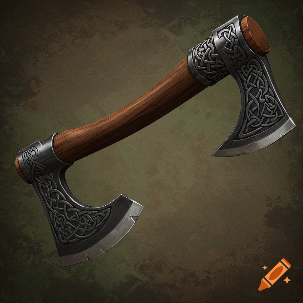 A detailed viking axe with intricate Celtic knot patterns on its blade ...