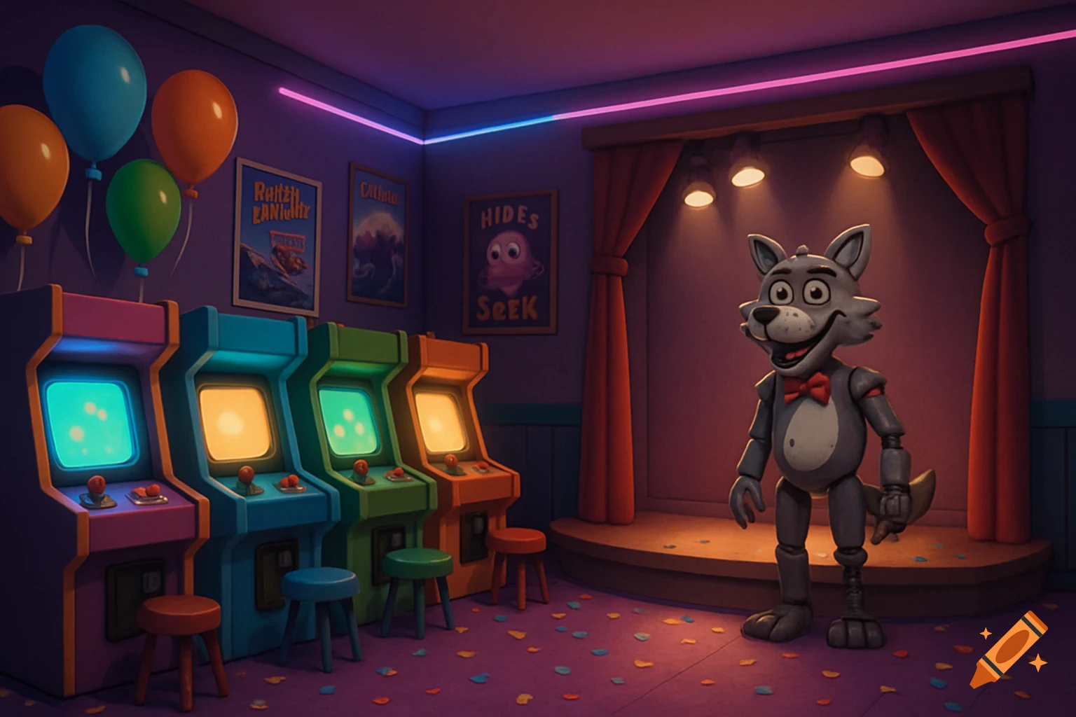 A colorful, cartoony 3D arcade room with an animatronic wolf on a stage ...