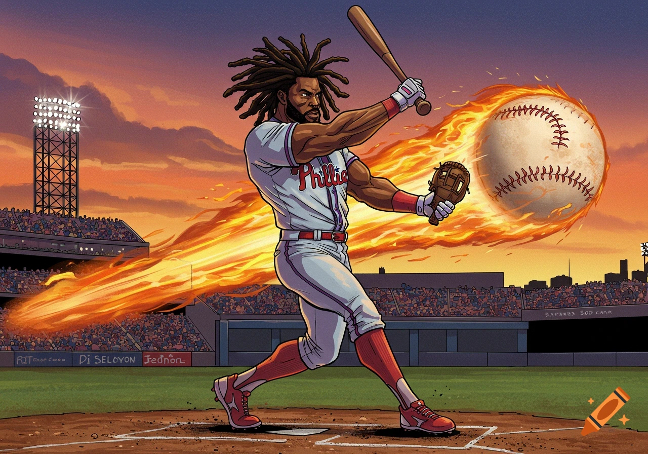 A stylized illustration of a Black baseball player in a Phillies ...
