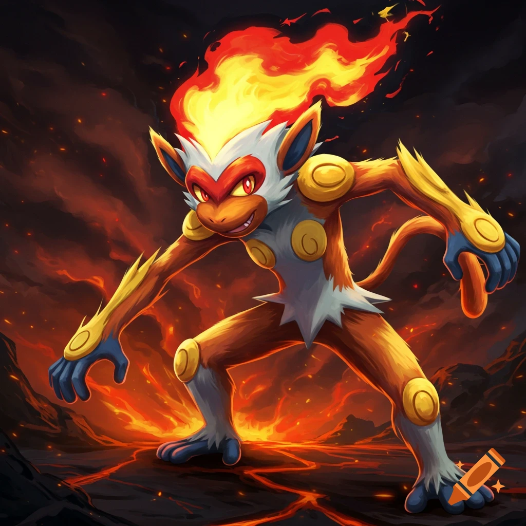 An aggressive Infernape Pokémon with a flaming head and golden armor ...