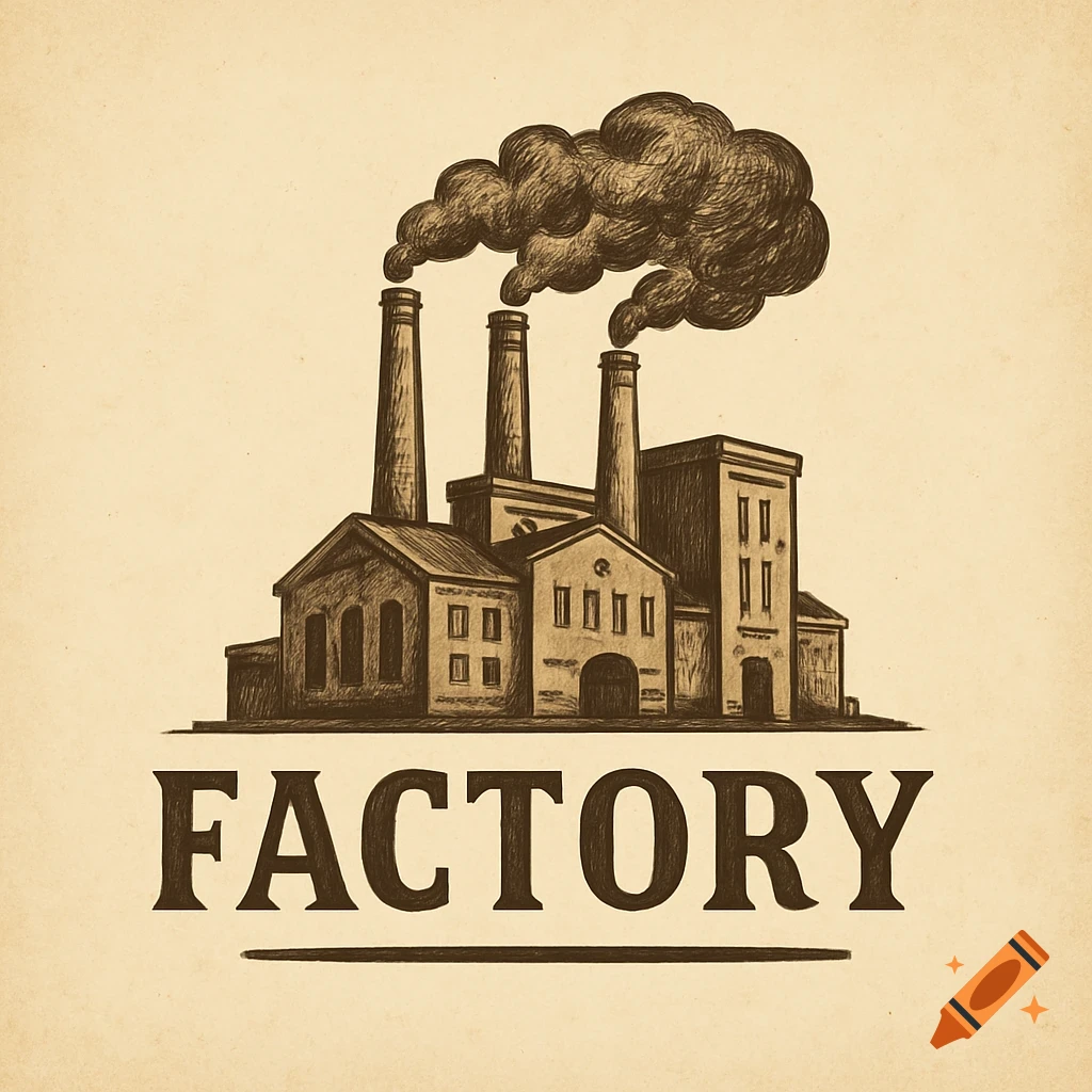 Vintage sketch logo of a factory with smoking chimneys and the word ...