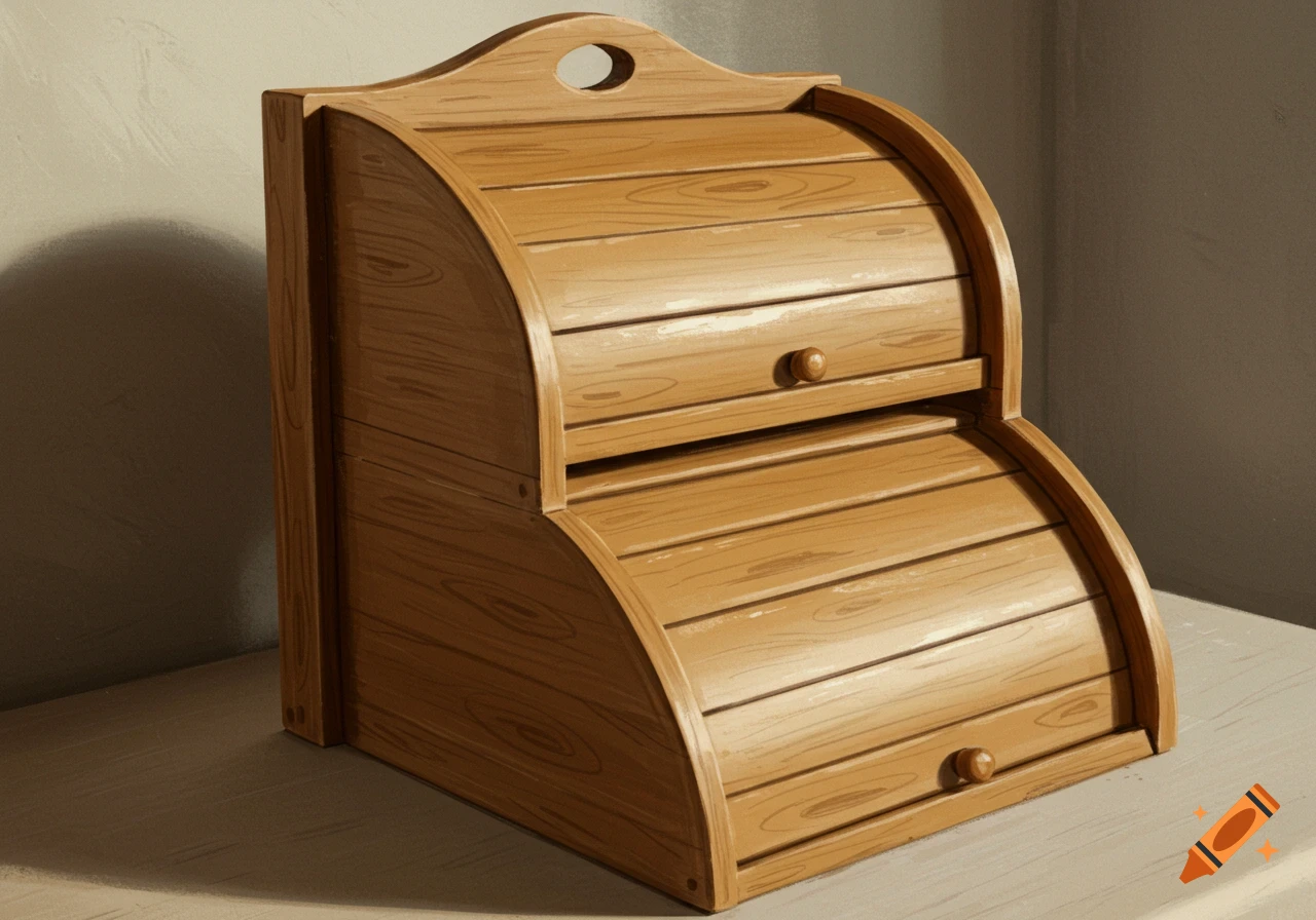 A two-tiered wooden bread box with roll-top doors and small wooden ...