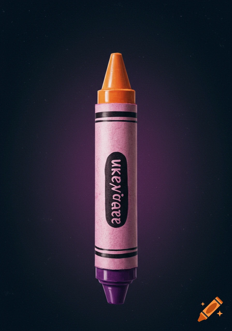 A pink crayon with an orange tip and a purple bottom stands upright on ...