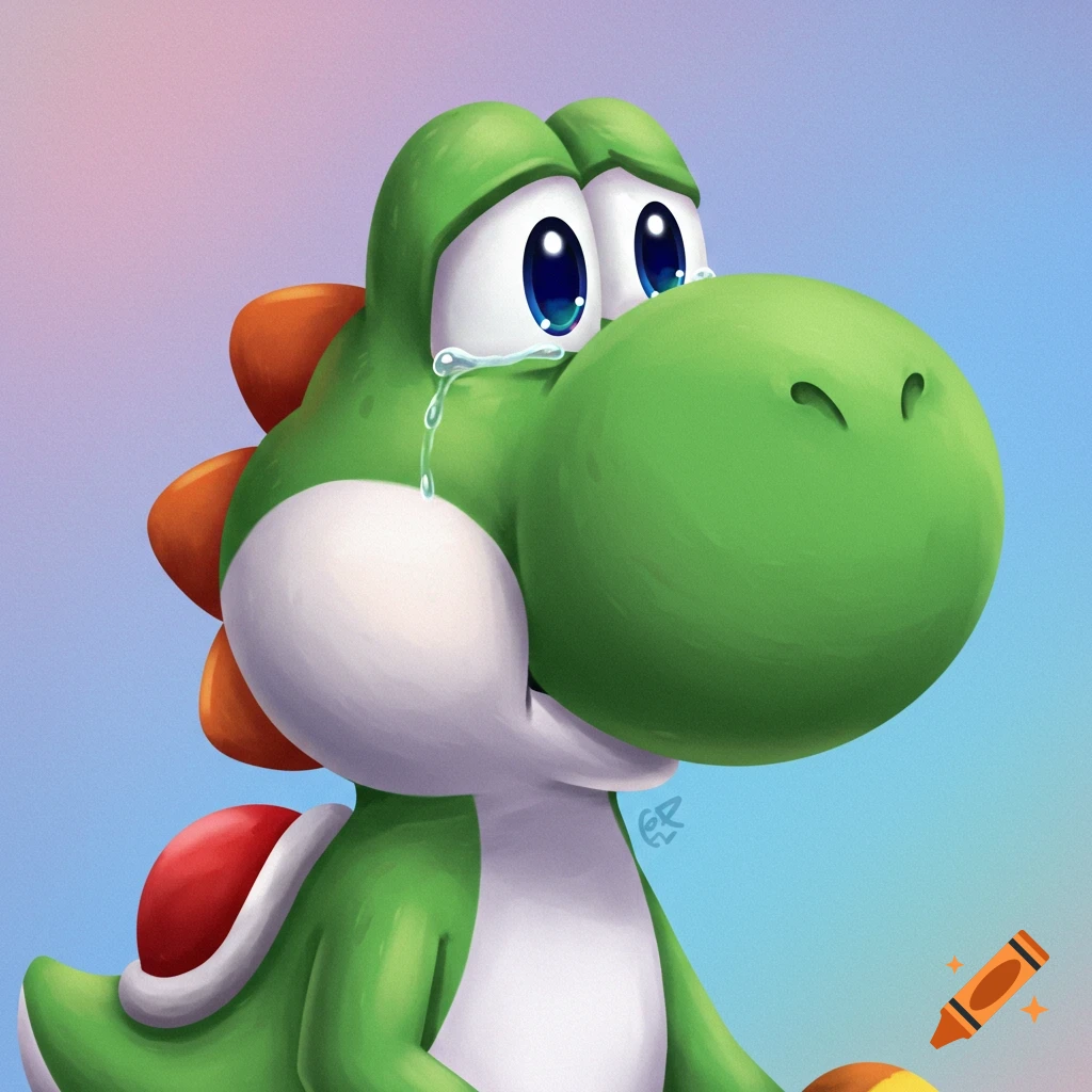 Close-up digital illustration of Yoshi from Nintendo, crying with tears streaming down his face ...