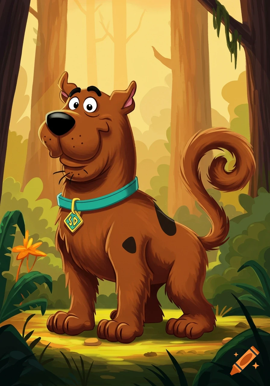 A cartoon Scooby Doo dog stands in a lush, green and brown forest, looking slightly to the left ...
