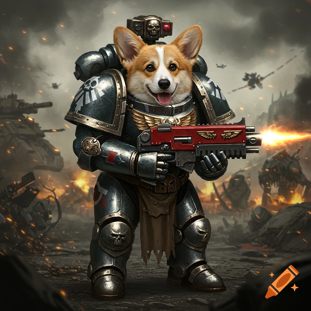 A happy Corgi dog in detailed Warhammer 40k Space Marine power armor ...