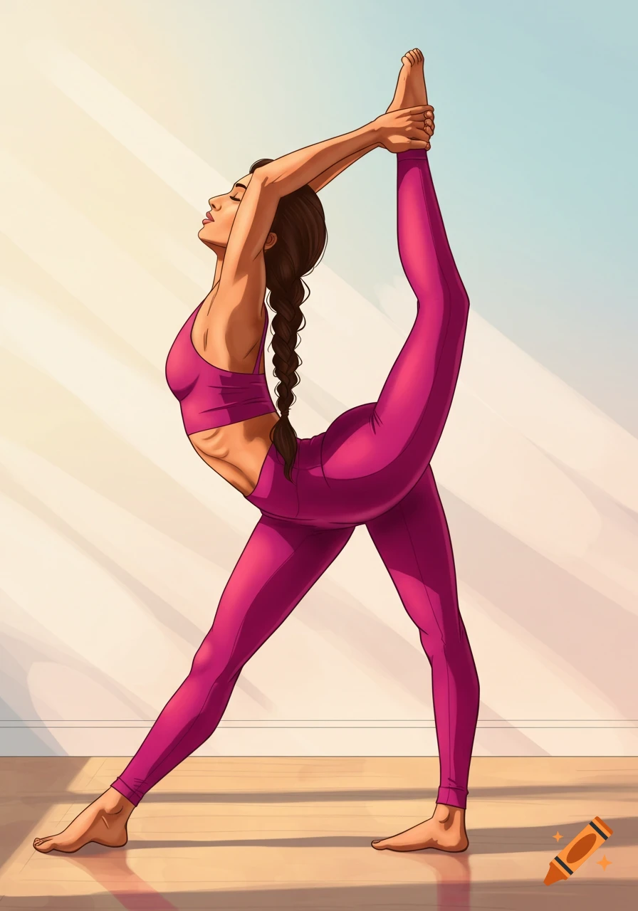 An illustrated woman in pink yoga attire performs a standing king dancer pose indoors. on Craiyon