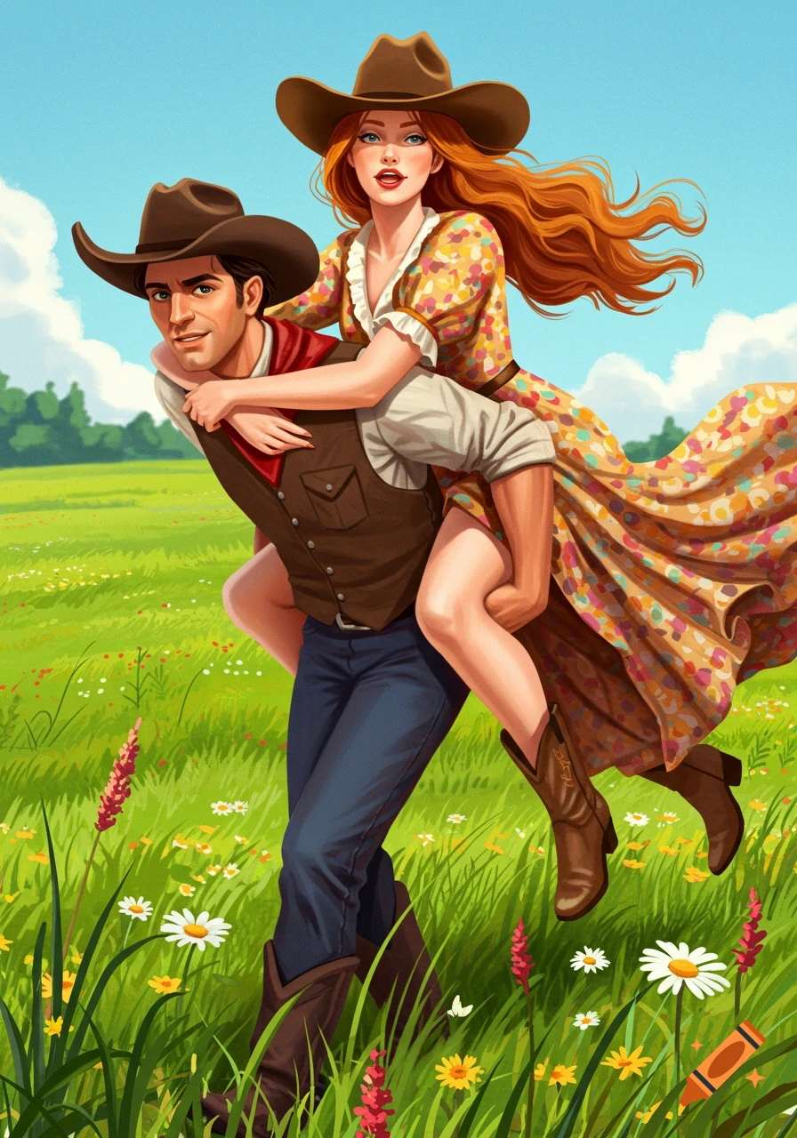 Illustrated scene of a man giving a piggyback ride to a woman in a ...