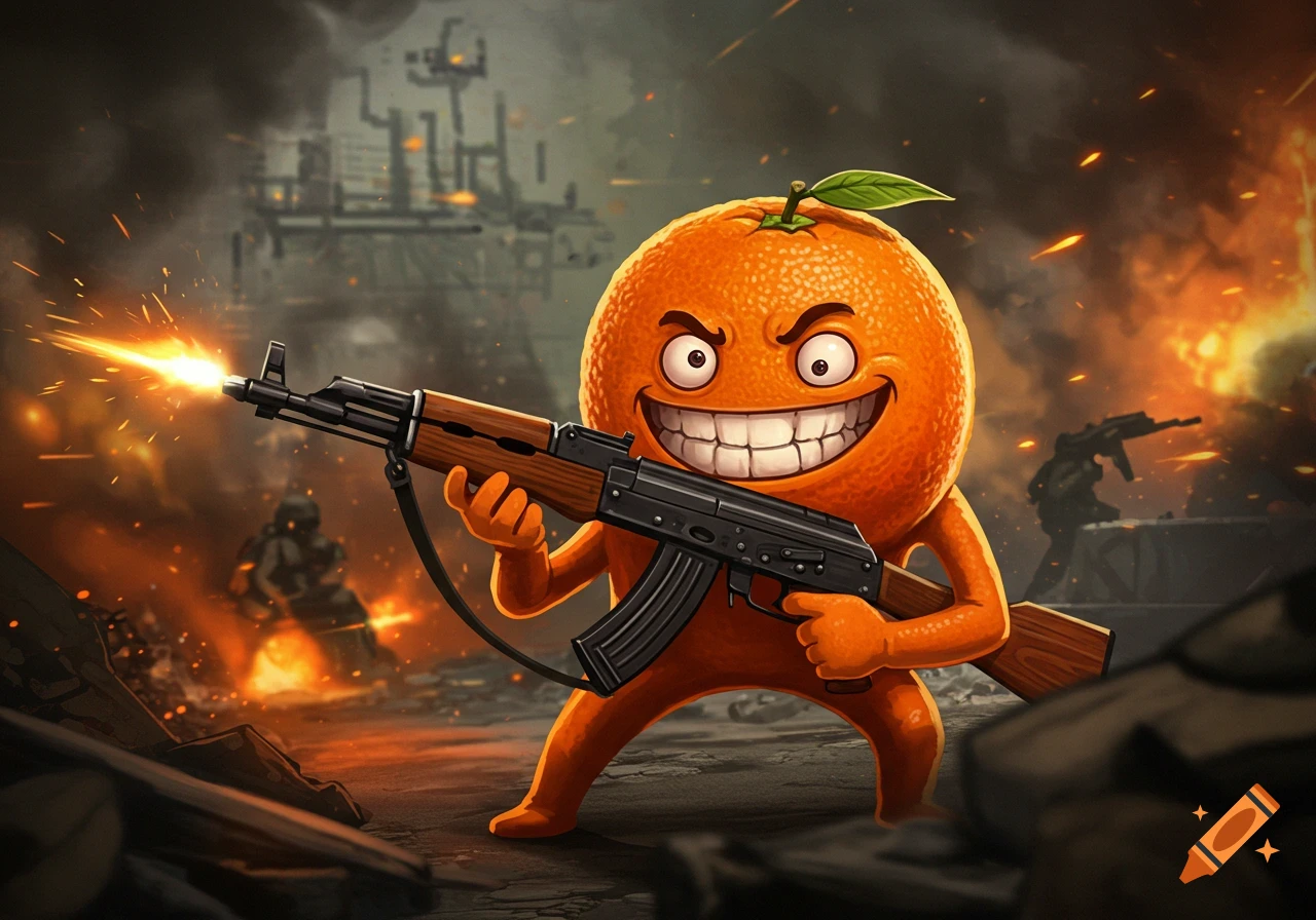 A cartoon orange character with a maniacal grin holds and fires an ...