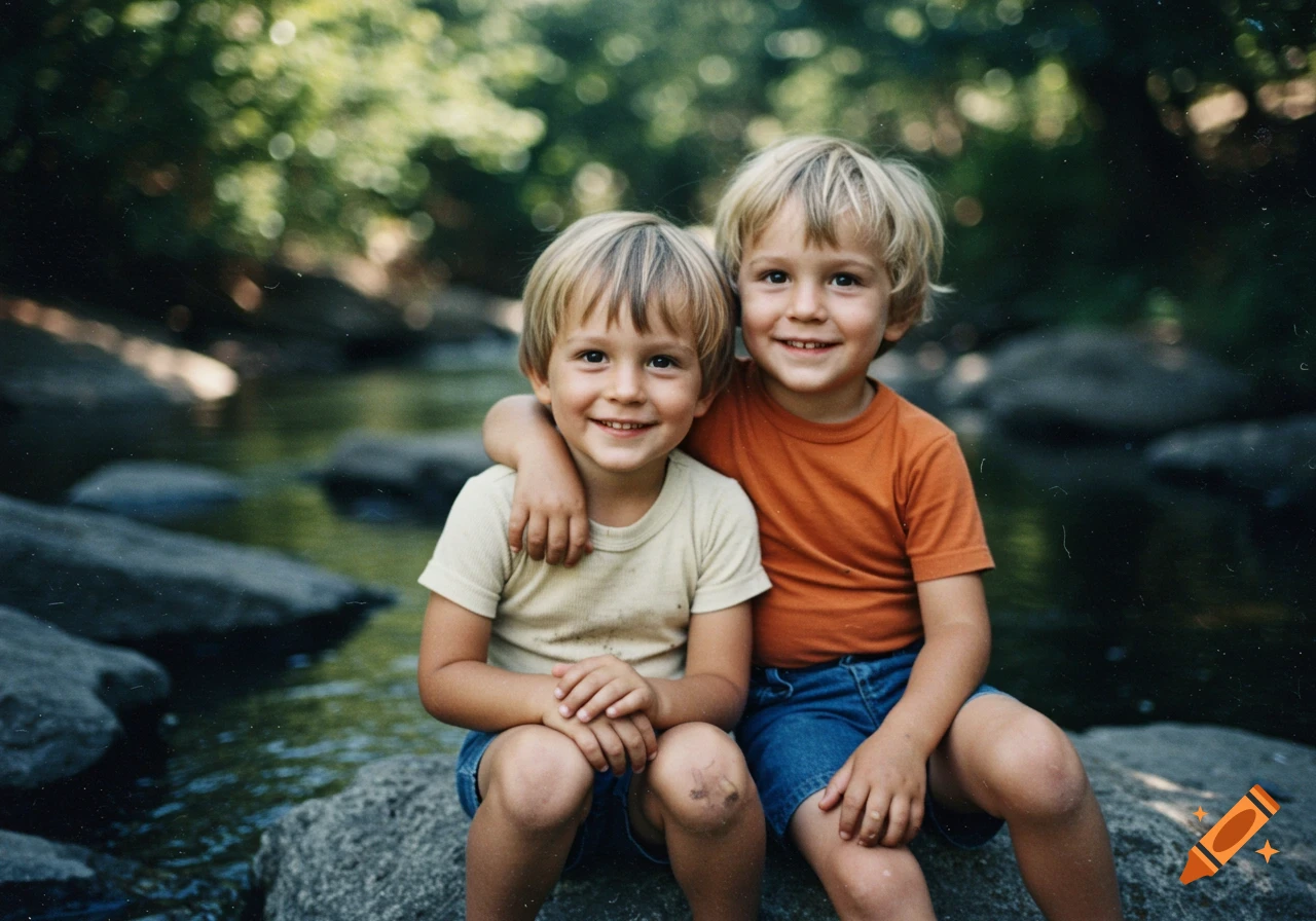 Two smiling boys with blonde hair sit on rocks by a creek, in a 1970s ...