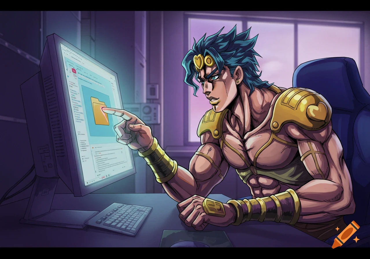 Muscular anime character in Jojo style at a computer, pointing at a ...
