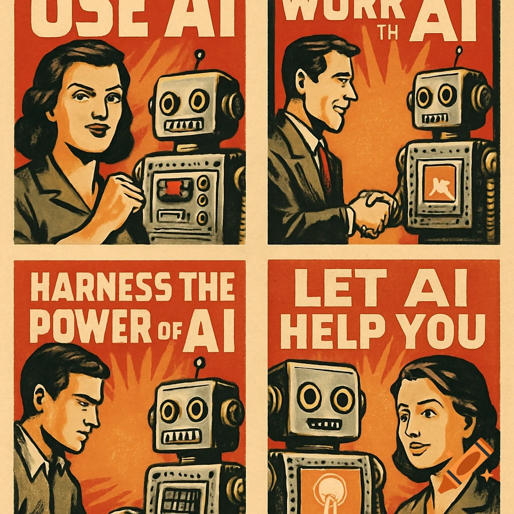 Four vintage propaganda posters depicting people interacting with retro ...