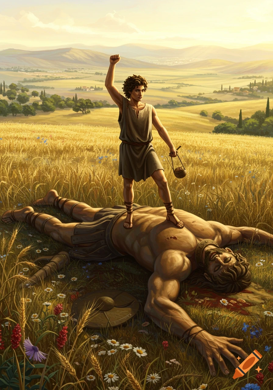 A triumphant young man stands over a defeated giant in a golden wheat field with rolling hills ...