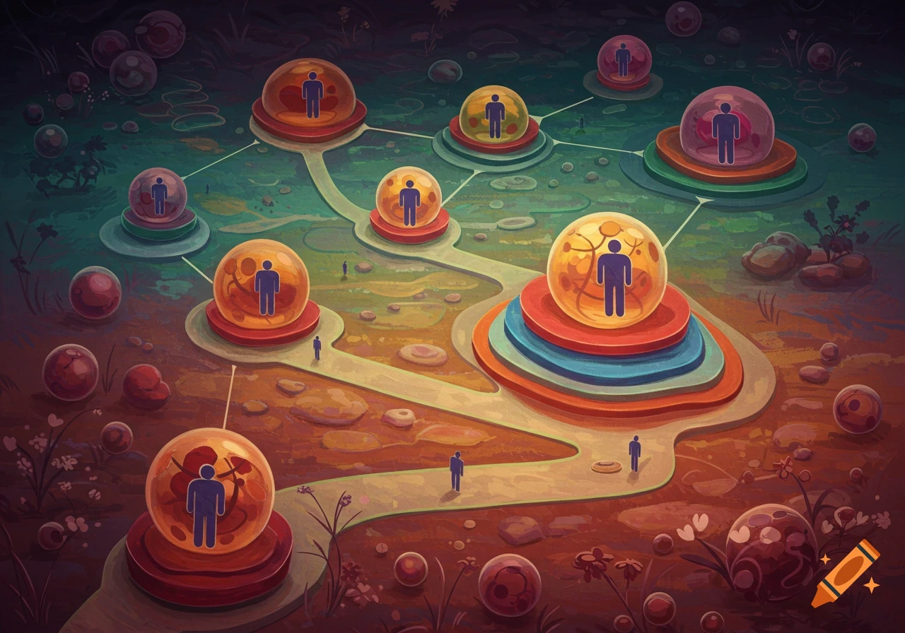 An abstract, colorful illustration of connected nodes, each with a ...