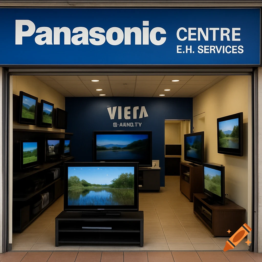A photorealistic image of the interior of a Panasonic electronics store ...