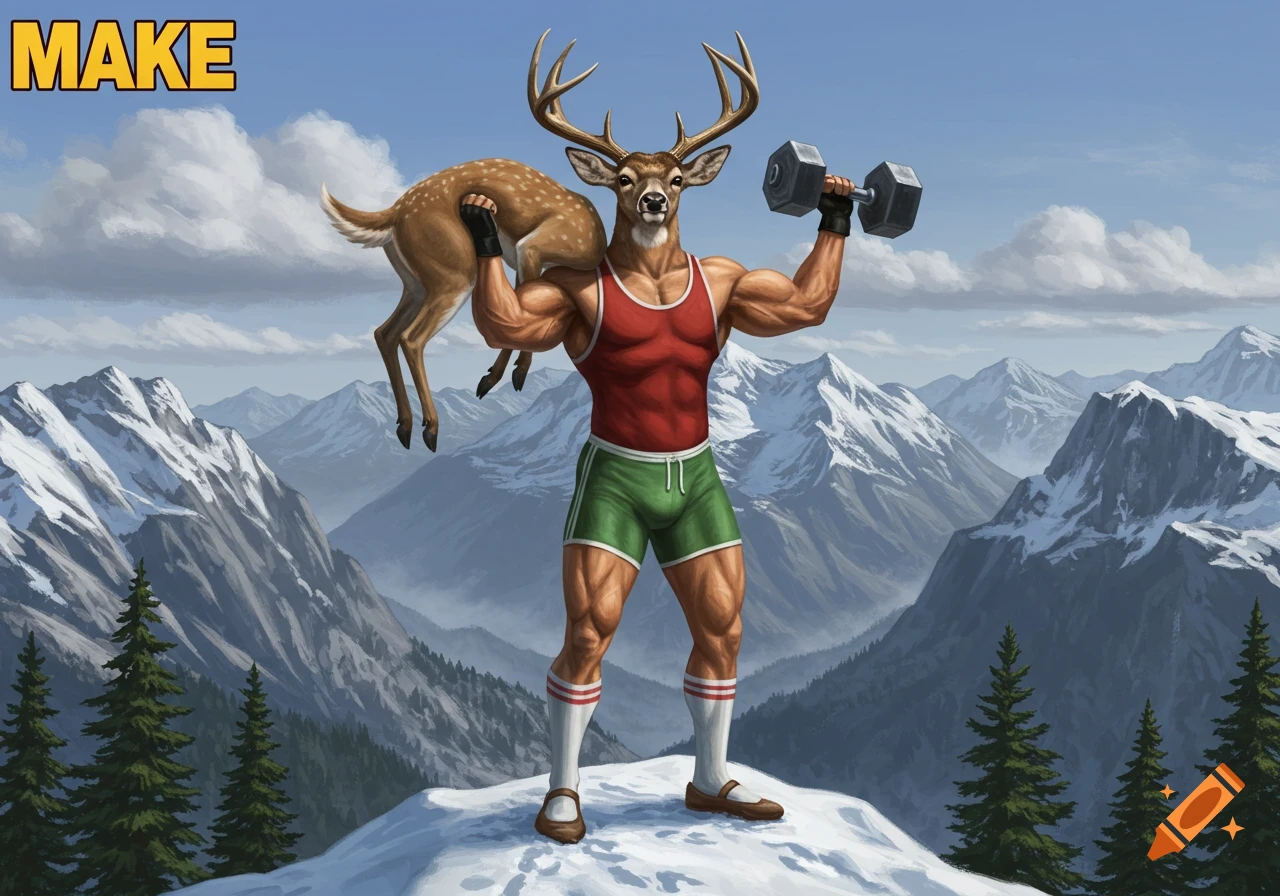 A muscular buck with antlers, wearing gym clothes, stands on a snowy ...