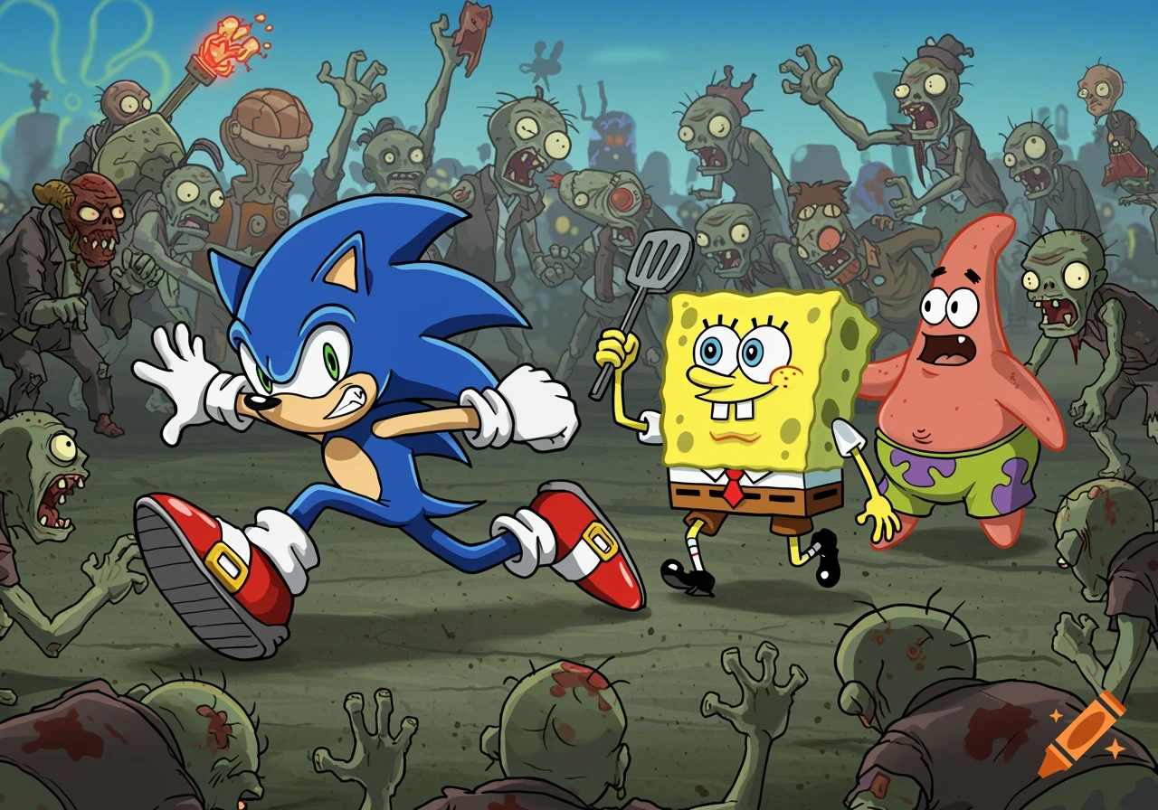 Sonic the Hedgehog, SpongeBob with a spatula, and Patrick Star run from ...