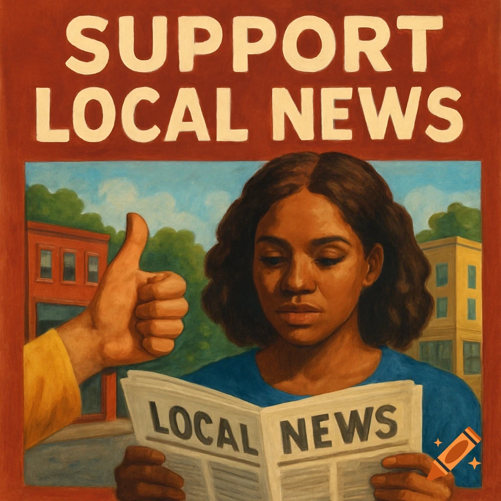 An illustration of a woman reading 'LOCAL NEWS' on a newspaper with a ...