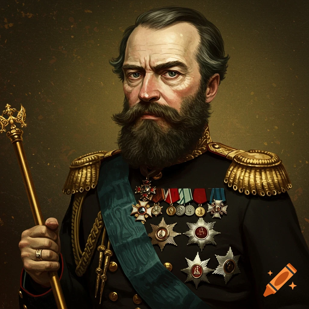 A stern man with a dark beard and mustache in a richly decorated ...