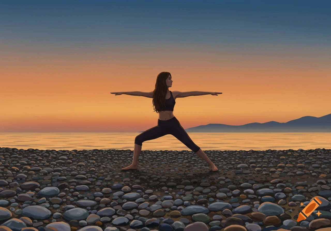 An illustrated woman practices yoga in a warrior pose on a pebble beach ...