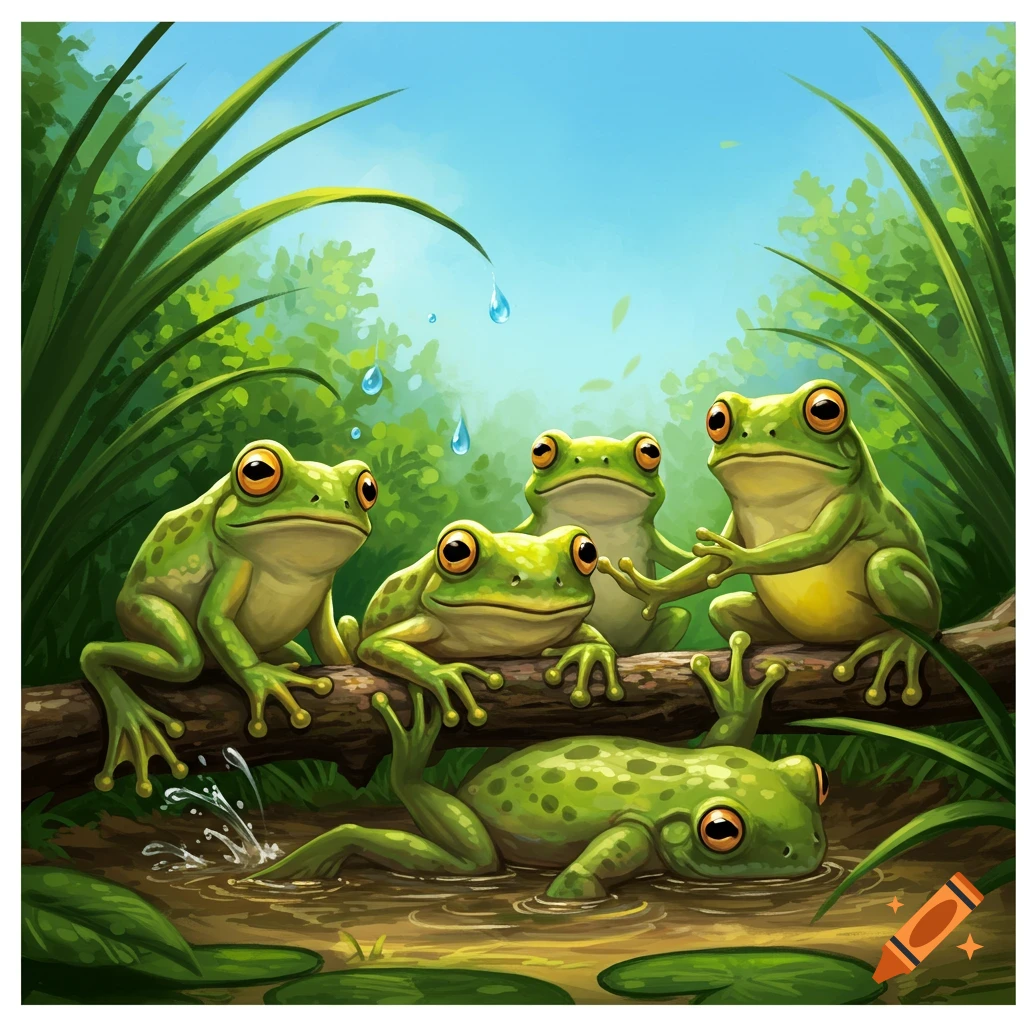 Five green cartoon frogs in a lush, watery environment, with four on a ...