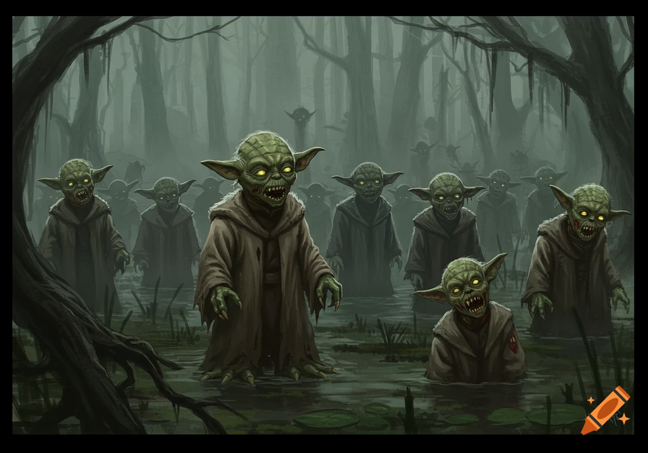 Several zombie-like Yoda figures with glowing eyes and sharp teeth ...