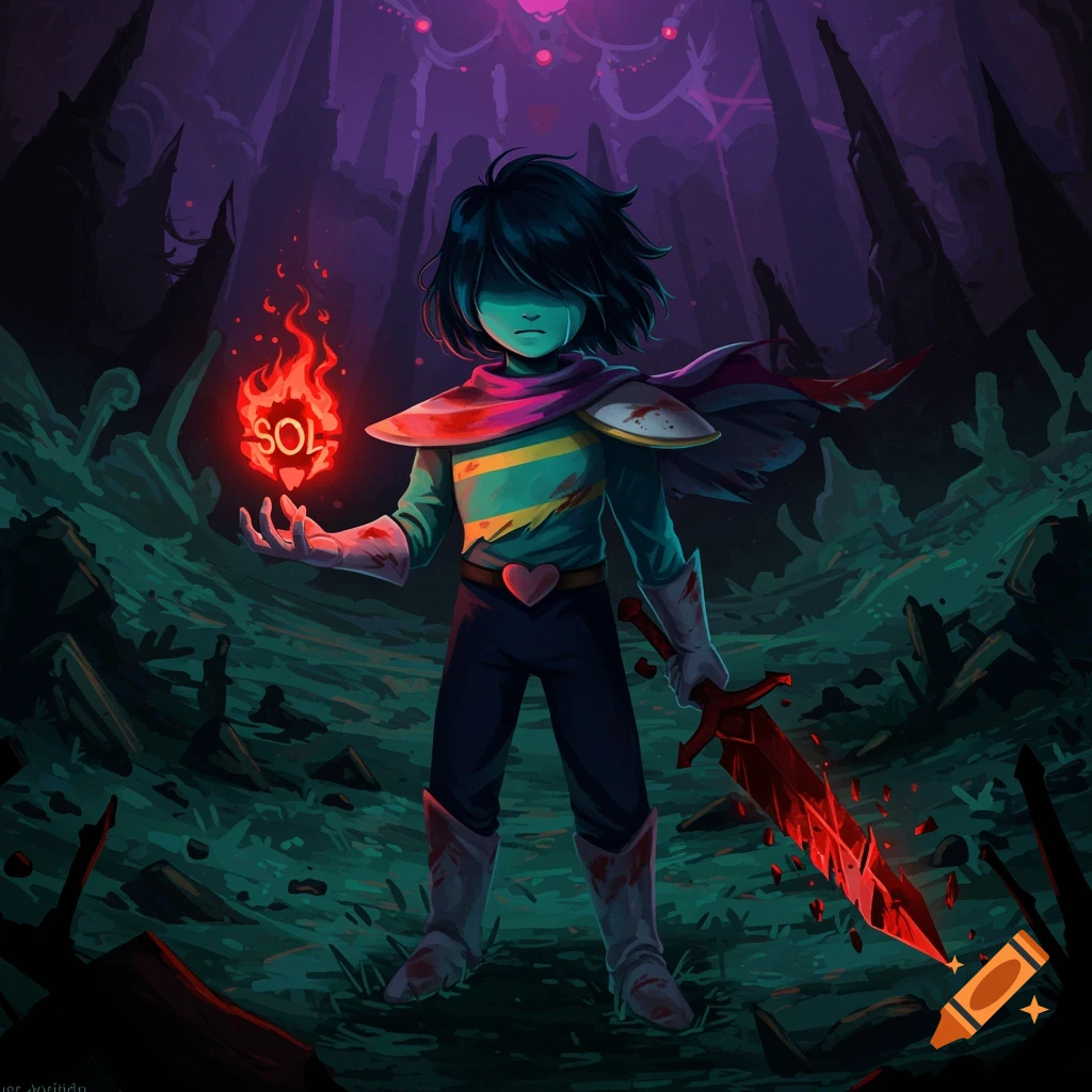 A stylized digital illustration of Kris from Deltarune standing in a ...