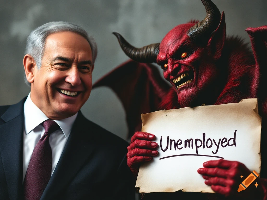Grinning man in suit next to a red devil holding a sign that says ...