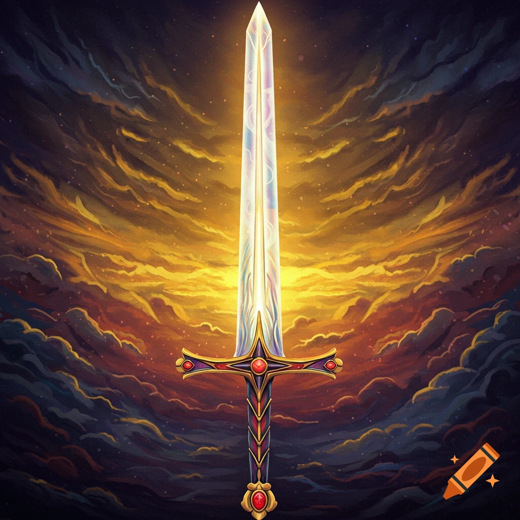 A radiant, ornate sword with a glowing, iridescent blade stands ...