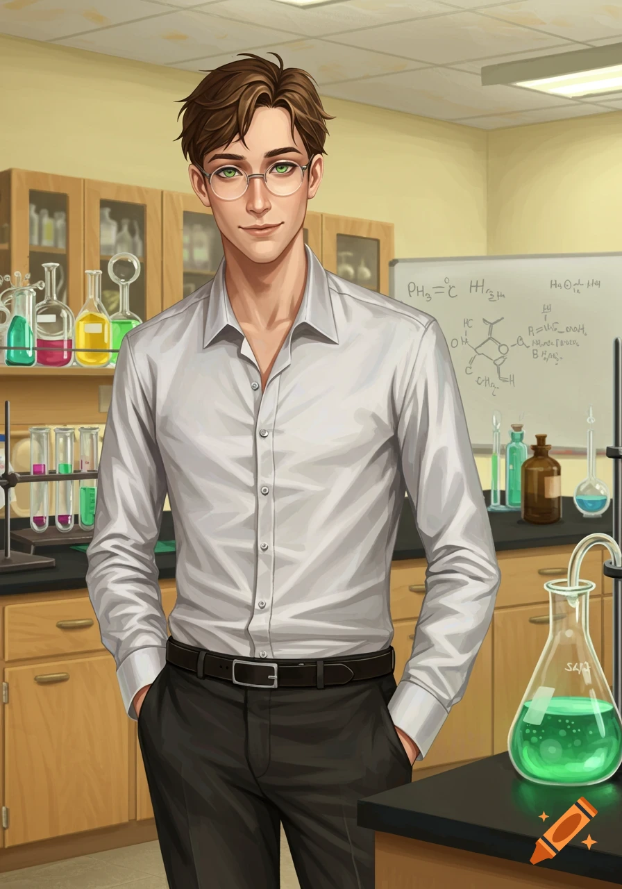 An anime-style illustration of a handsome, shy chemistry professor with ...