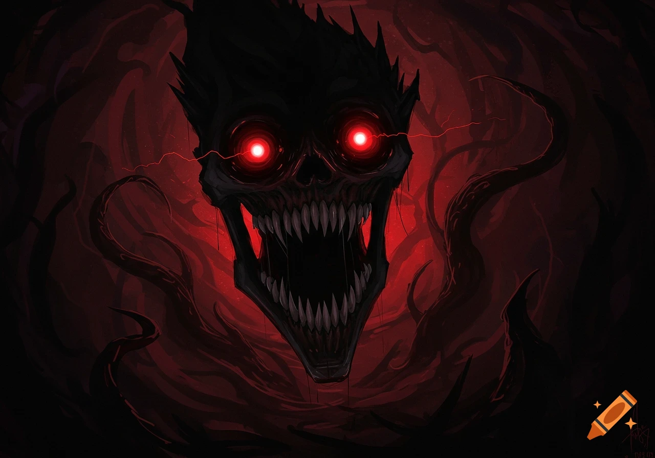 A dark, monstrous creature with glowing red eyes and sharp fangs emerges from shadows in a ...