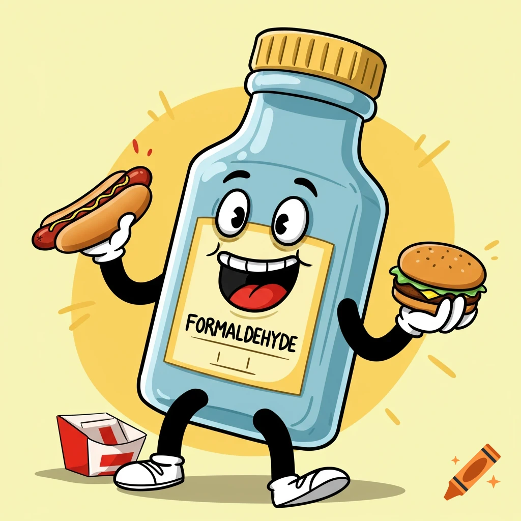 A cartoon bottle of formaldehyde character holding a hot dog and a ...