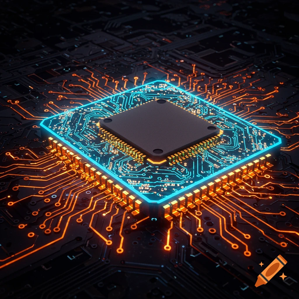 Close-up of a glowing neon blue CPU chip on a dark circuit board with illuminated orange ...