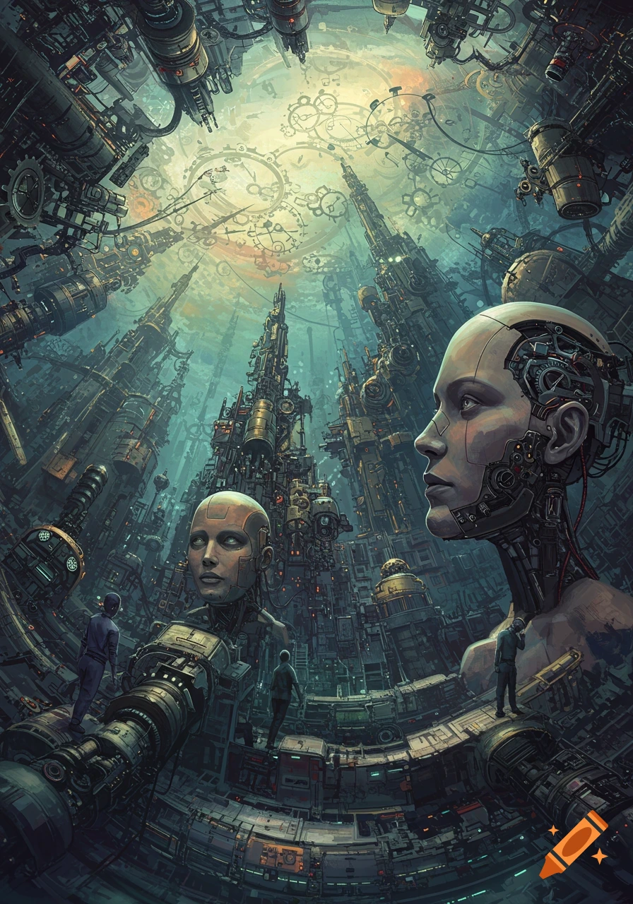 A detailed futuristic sci-fi city with colossal mechanical structures ...